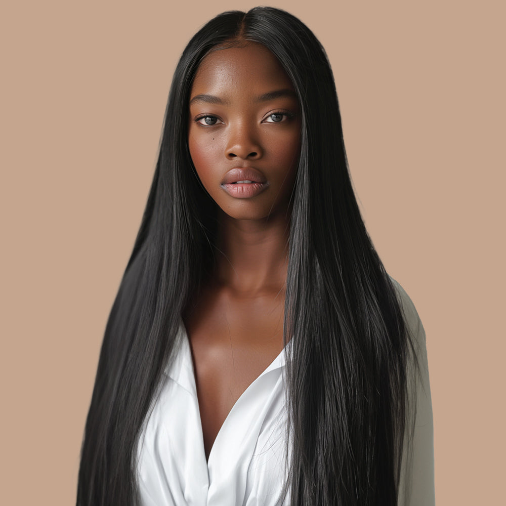 Straight Natural Black Wig Transparent Lace Closure 4*4 100% Human Hai
